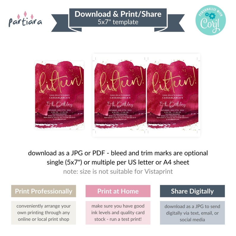 Red Gold 15th Birthday Invitation Girl's Printable Ruby | Etsy