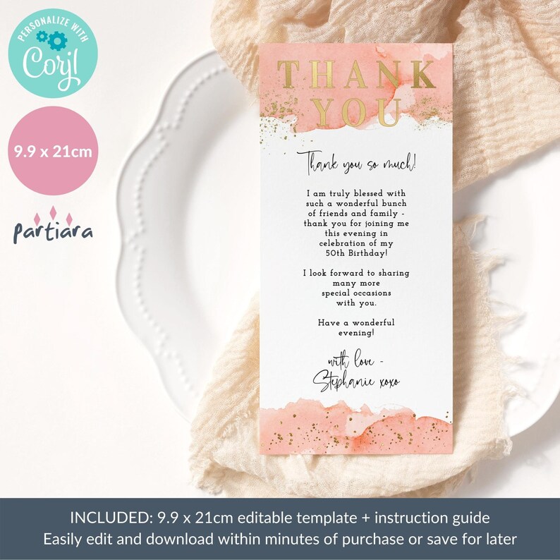 Blush Peach Thank You Plate Decor Card Printable Ladies Birthday Dinner ...