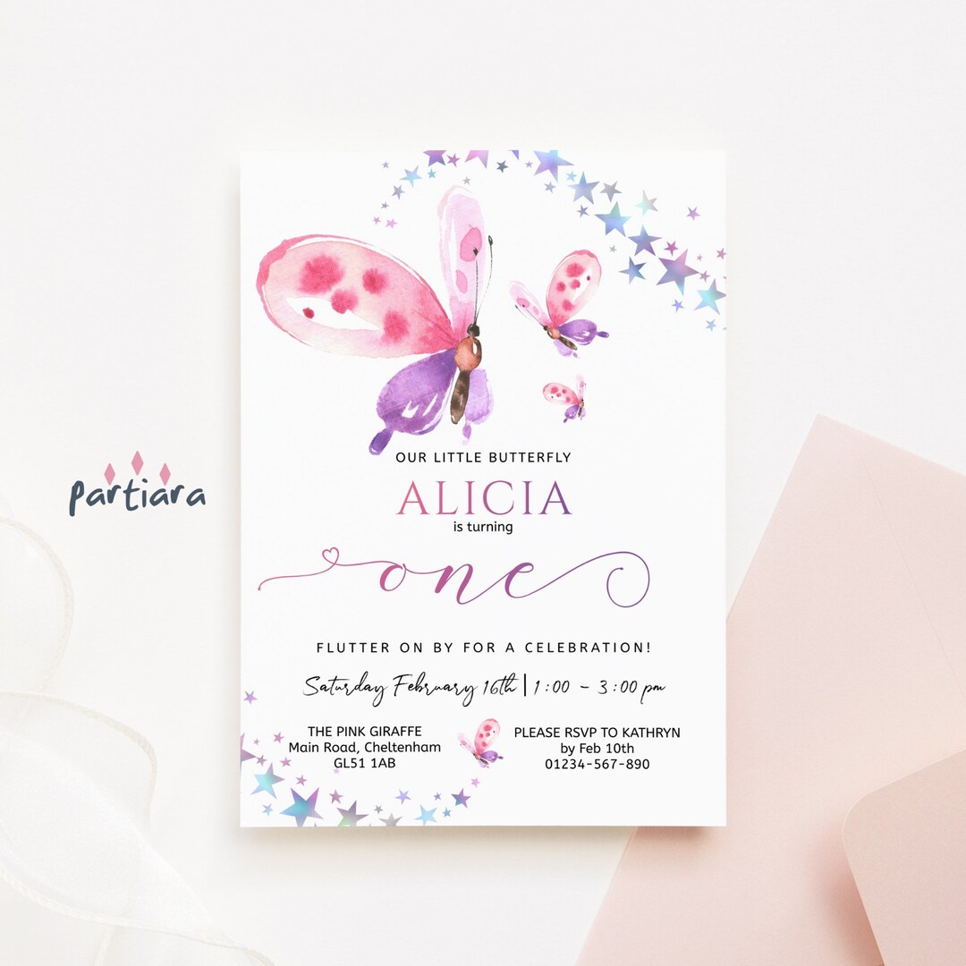 Butterfly One 1st Birthday Invitation Printable for Girls, Pink Purple ...