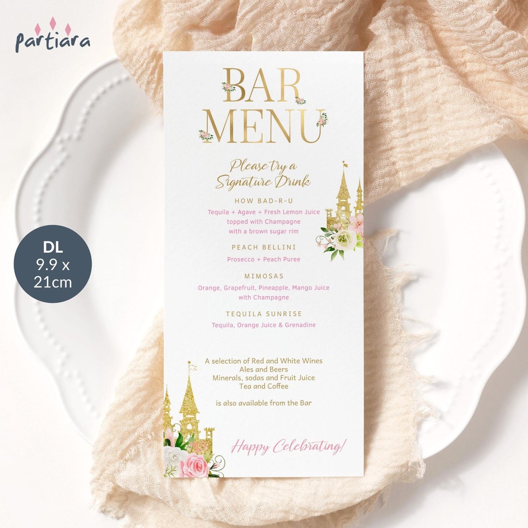 Princess Party Bar Menu Printable Signature Cocktail Drinks Menus Girl ...