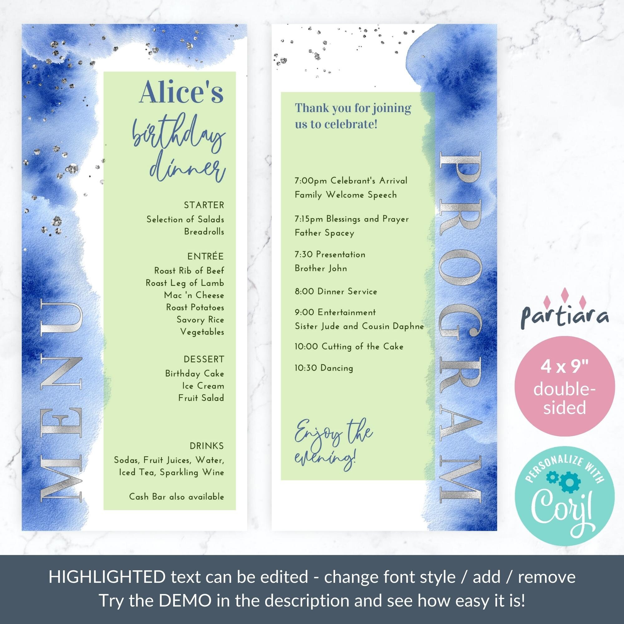 Royal Blue Program Menu Card Template, Teen Girls Birthday Menus ...