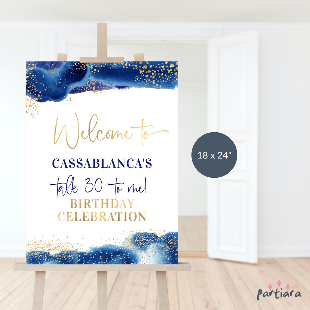 Adult Birthday Welcome Sign Editable Royal Blue and Gold Surprise Party ...
