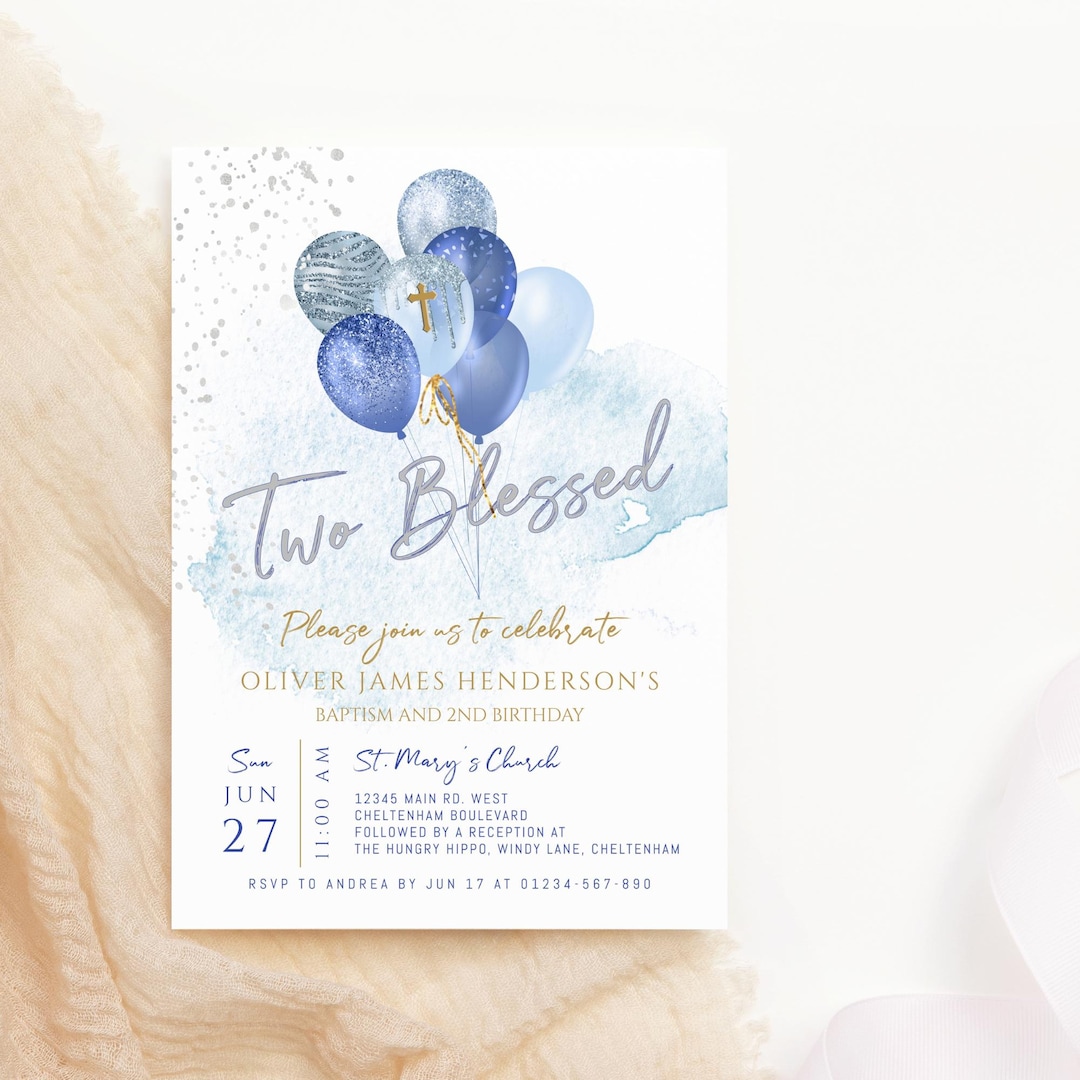 Two Blessed 2nd Birthday Baptism Invite Printable Boys Blue Silver ...