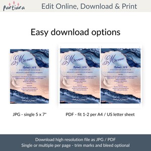 Editable Rose Pink Blue Menu Card Template, Ladies 50th 60th 70th ...