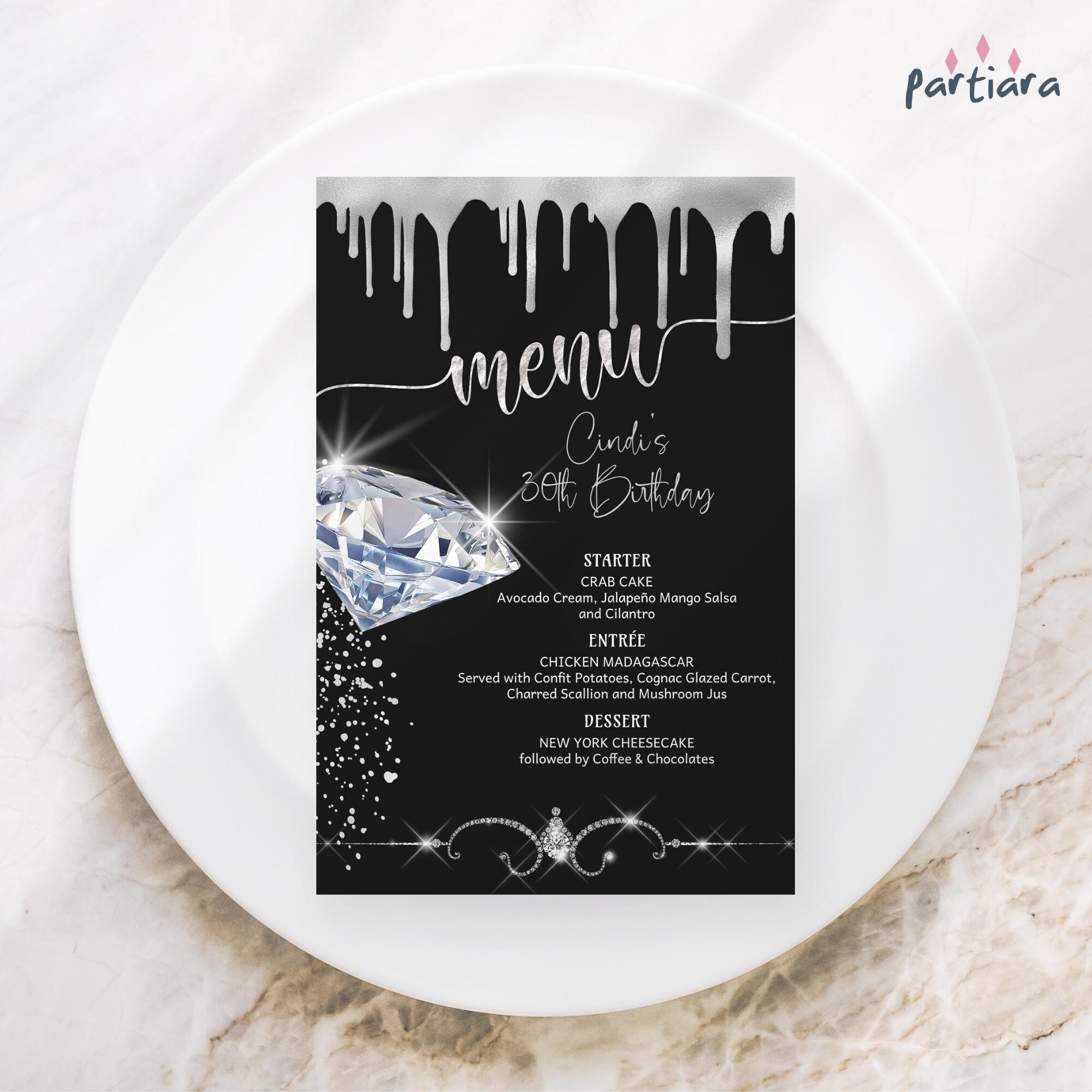 Birthday Diamond Menu Printable Black Silver Ladies Teens Girls Dinner ...