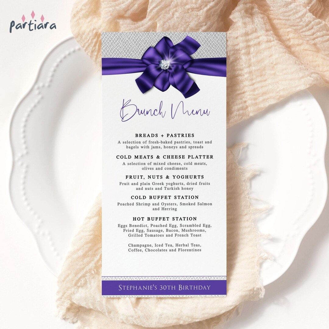 Ladies Menu Card Printable, Birthday Party Table Menus, Brunch Lunch or ...