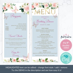 Pink Floral Menu Program Editable Template, Girl's 16th Birthday ...
