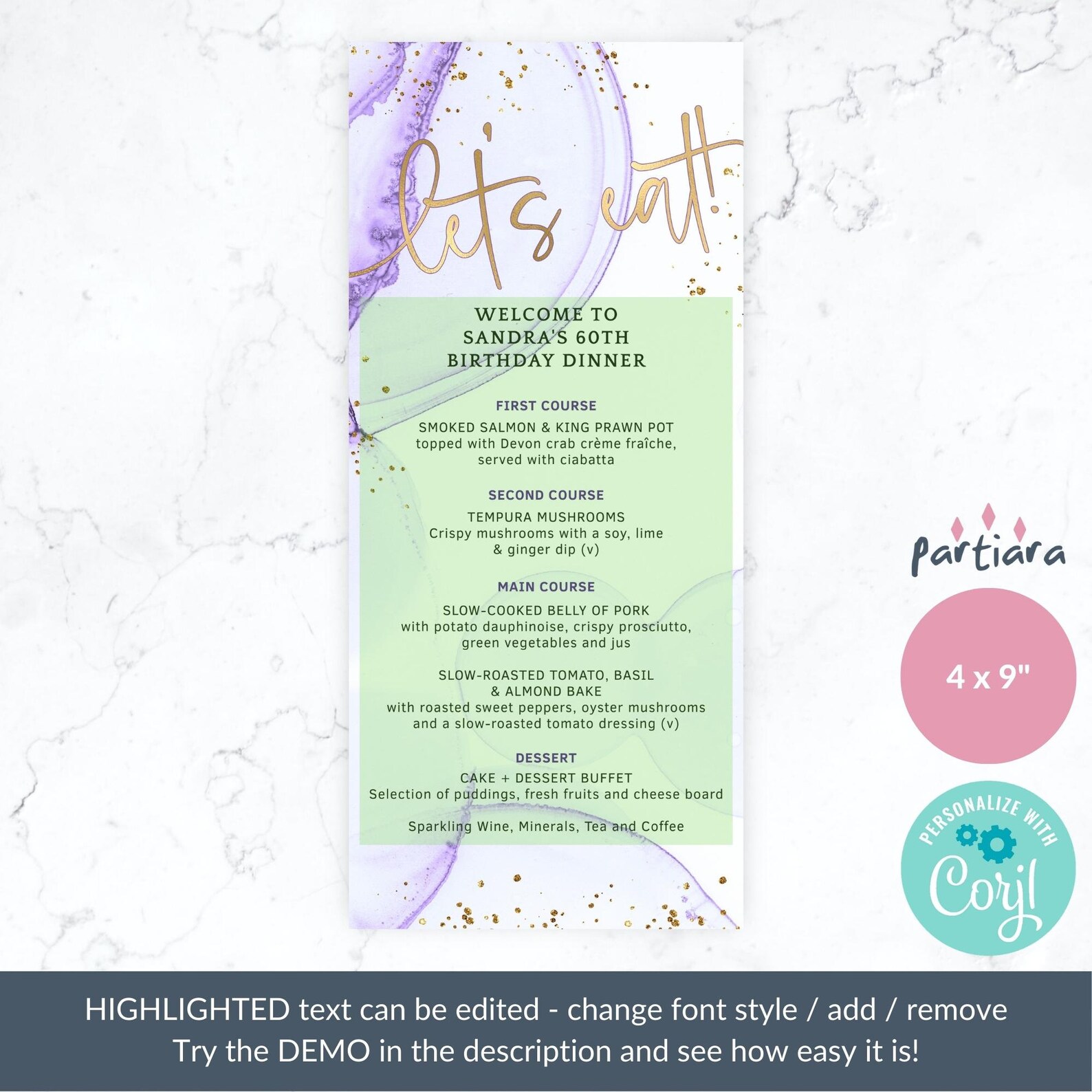 Purple Birthday Menu, Dinner Party Table Menus Printable, Ladies or ...