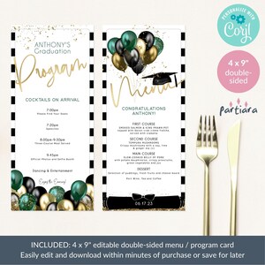 Green Gold Graduation Party Menu Program Template Editable Men Ladies ...
