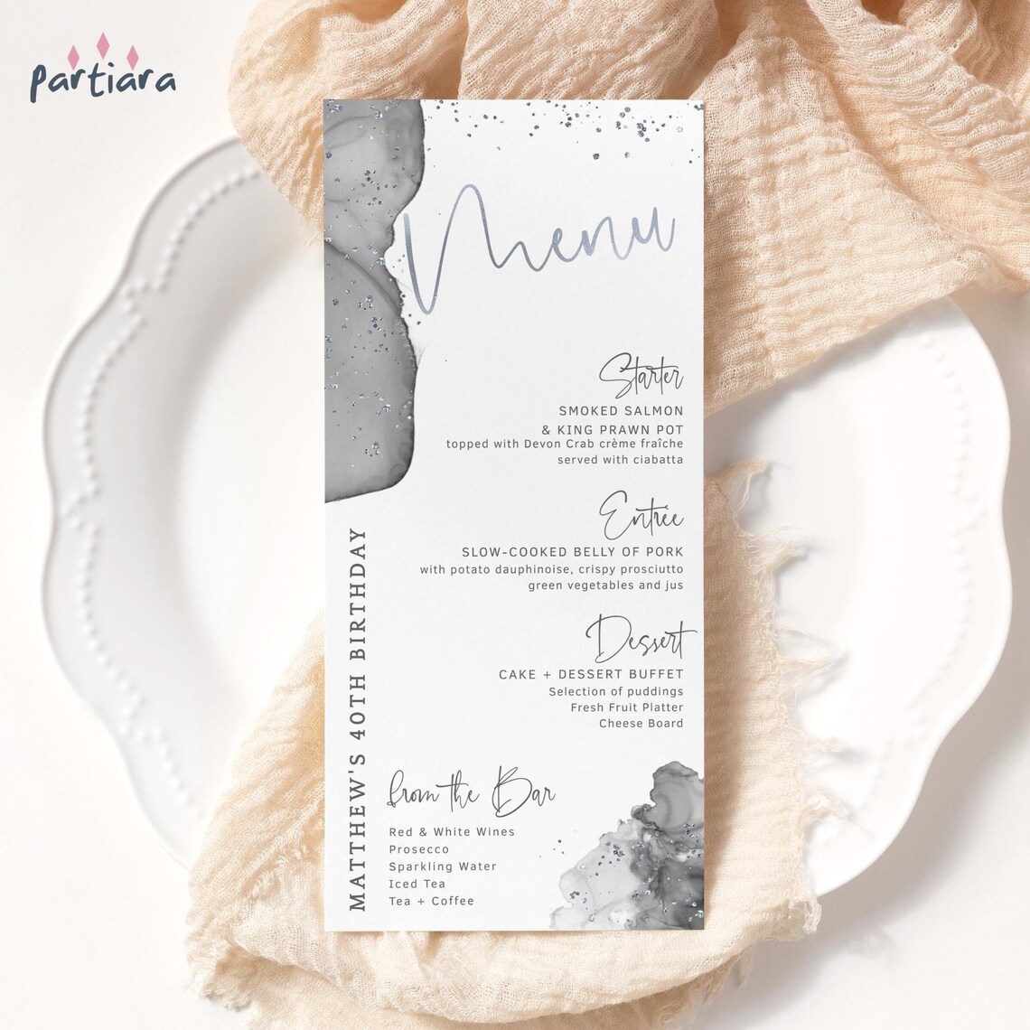 Grey Silver Editable Menu Card Men or Ladies Birthday Dinner - Etsy
