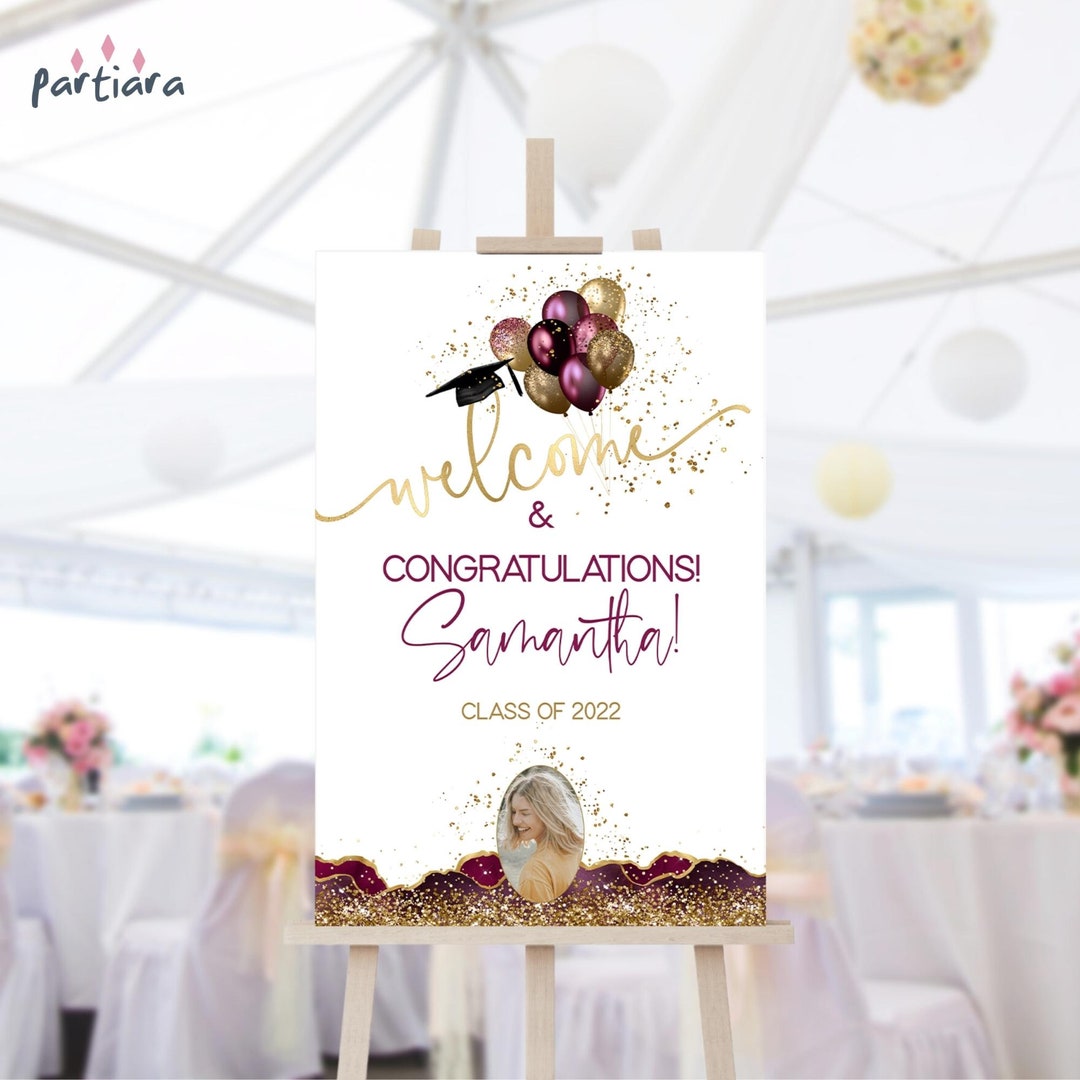 Editable Graduation Party Welcome Sign Template Burgundy Gold Balloons ...