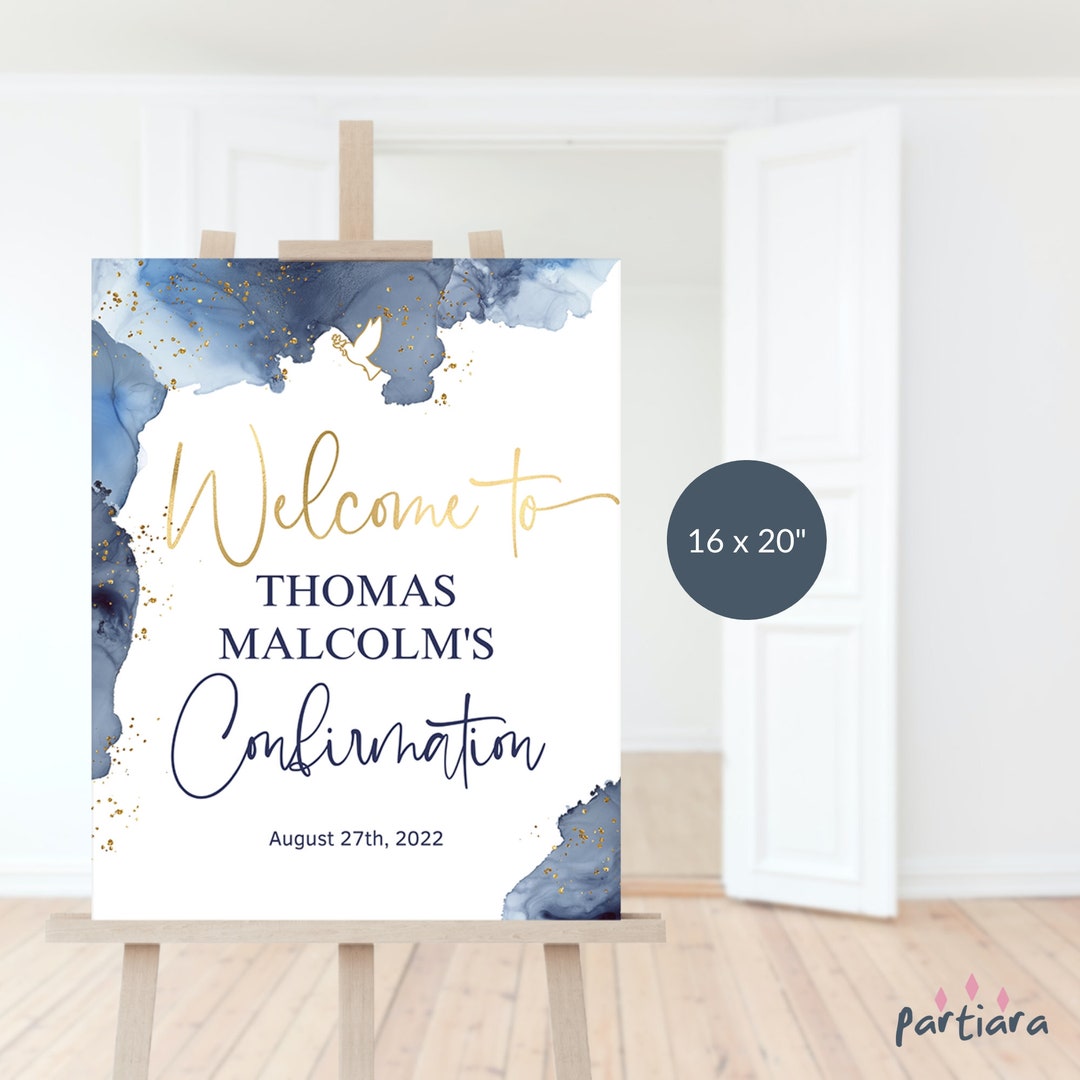 Boys Confirmation Welcome Sign Printable Navy Blue and Gold Party ...