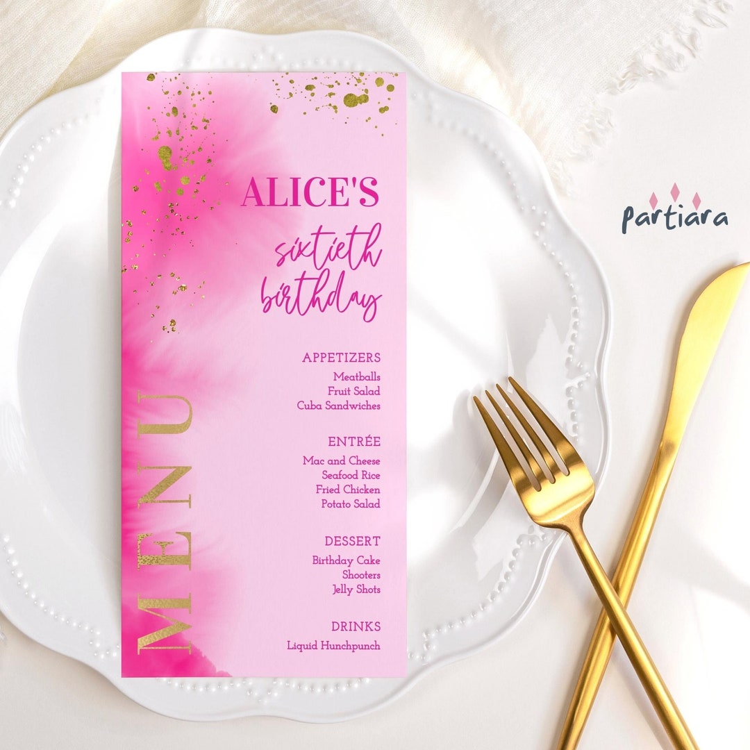 Pink Birthday Menu, Shades of Pink Party Menus, Hot Fuchsia Pinks Gold ...