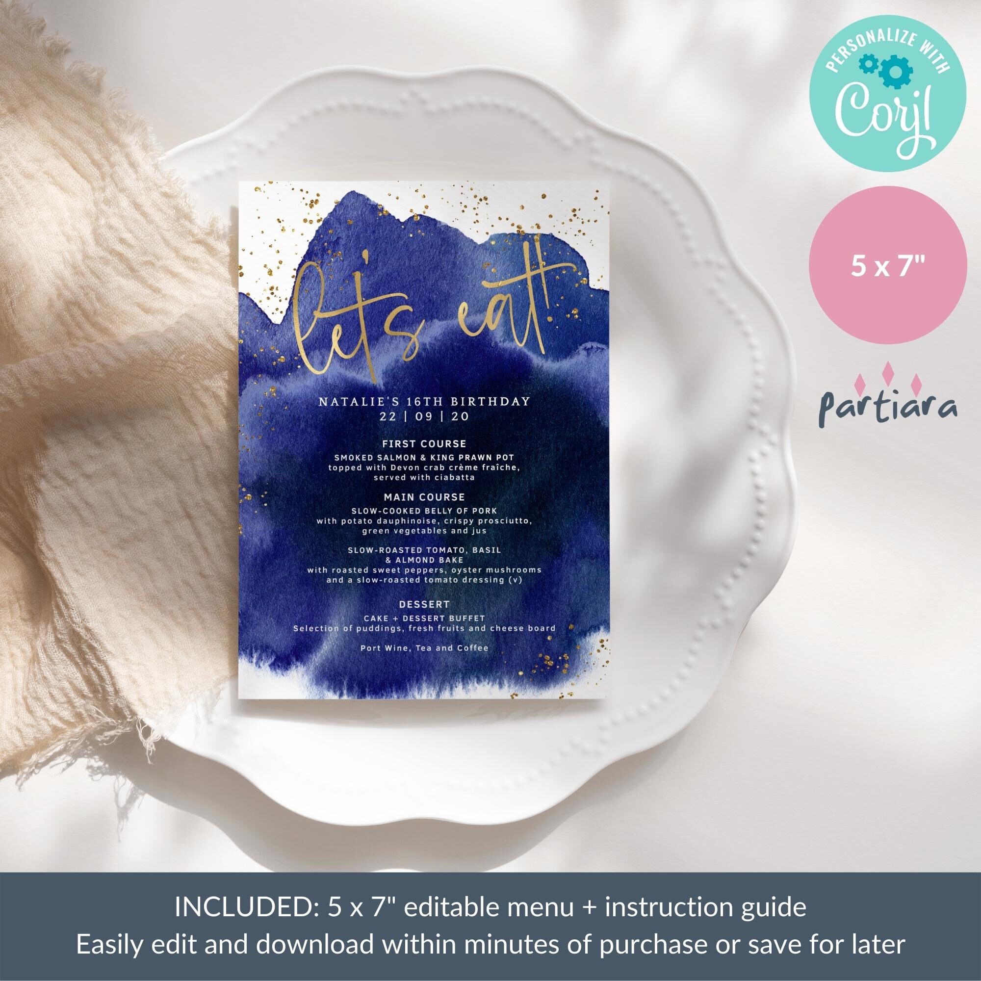 Royal Blue Dinner Party Menus Printable Blues and Gold - Etsy
