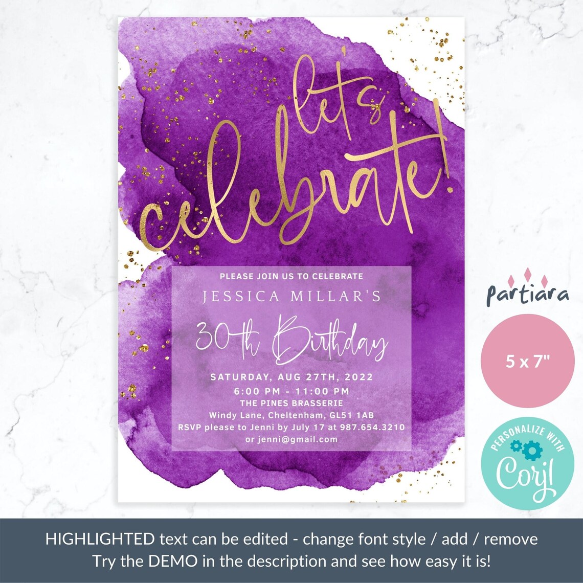 Purple Birthday Invitation Ladies Party Celebration Invite Editable ...