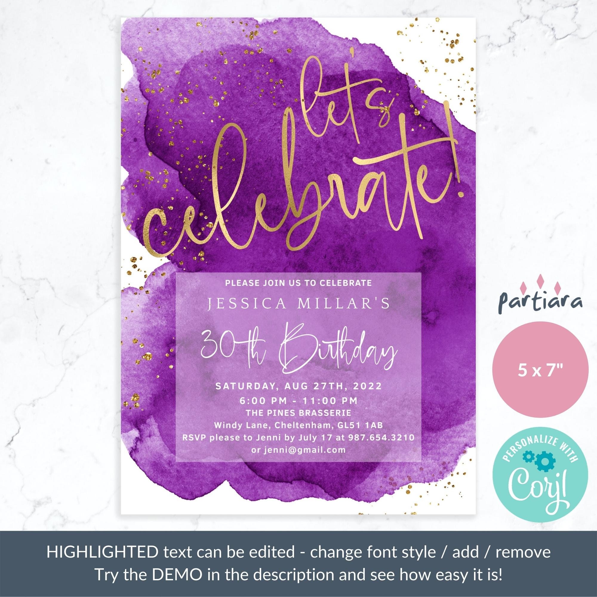 Purple Birthday Invitation Ladies Party Celebration Invite - Etsy