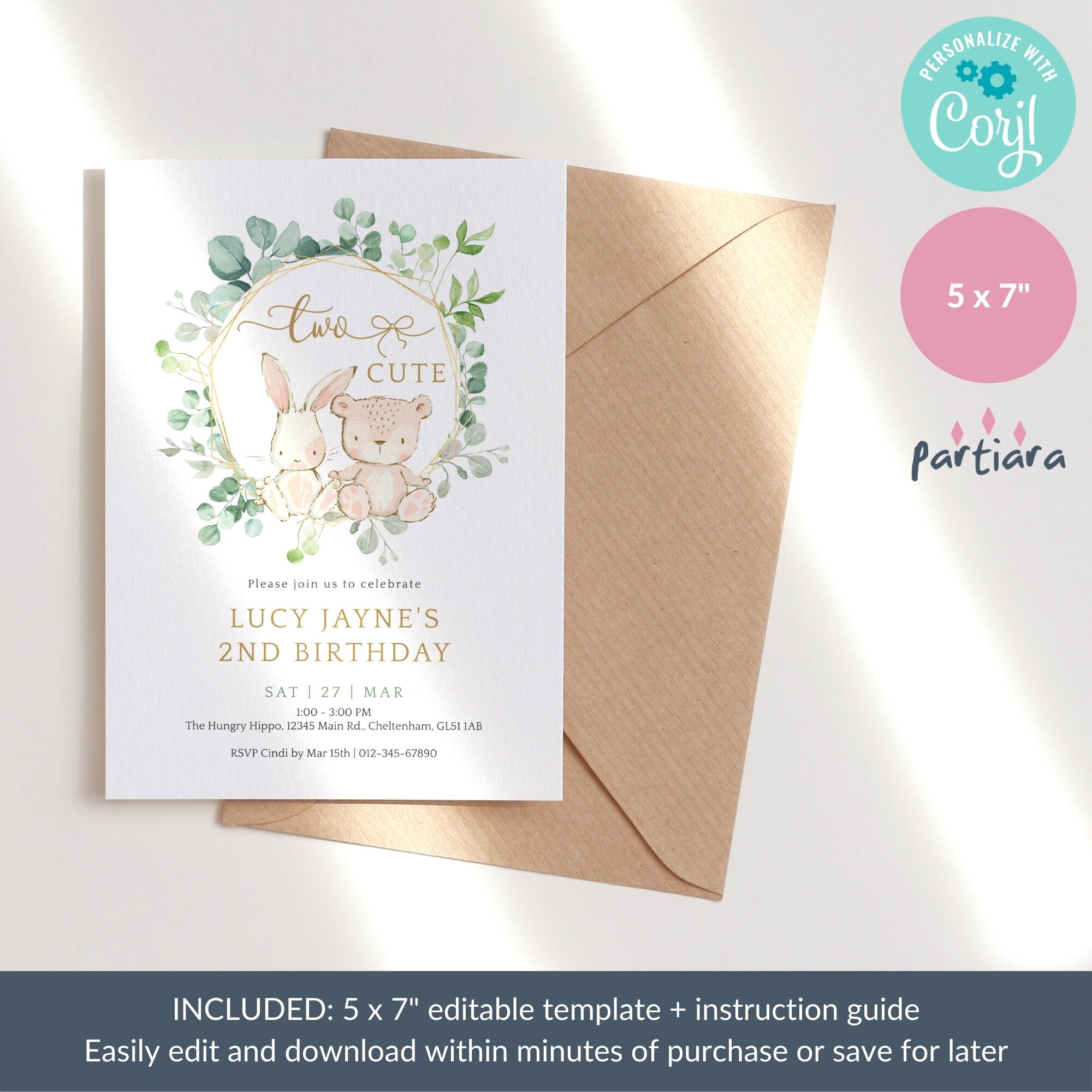 Two Cute 2nd Birthday Invite Printable Teddy Bear Bunny Rabbit - Etsy