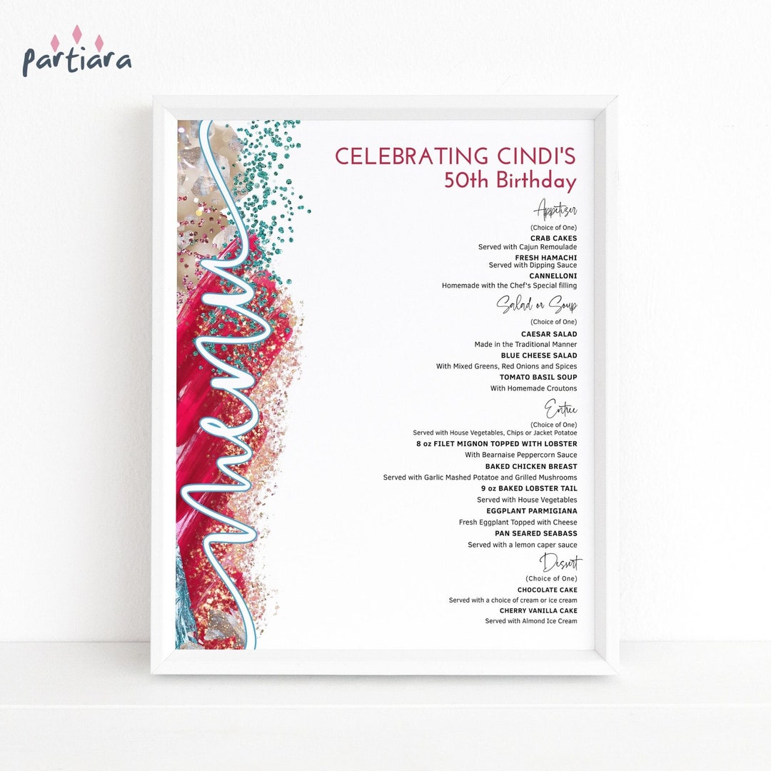 Sweethearts Menu Sign, Birthday Tasting Dinner Party Menus Printable ...