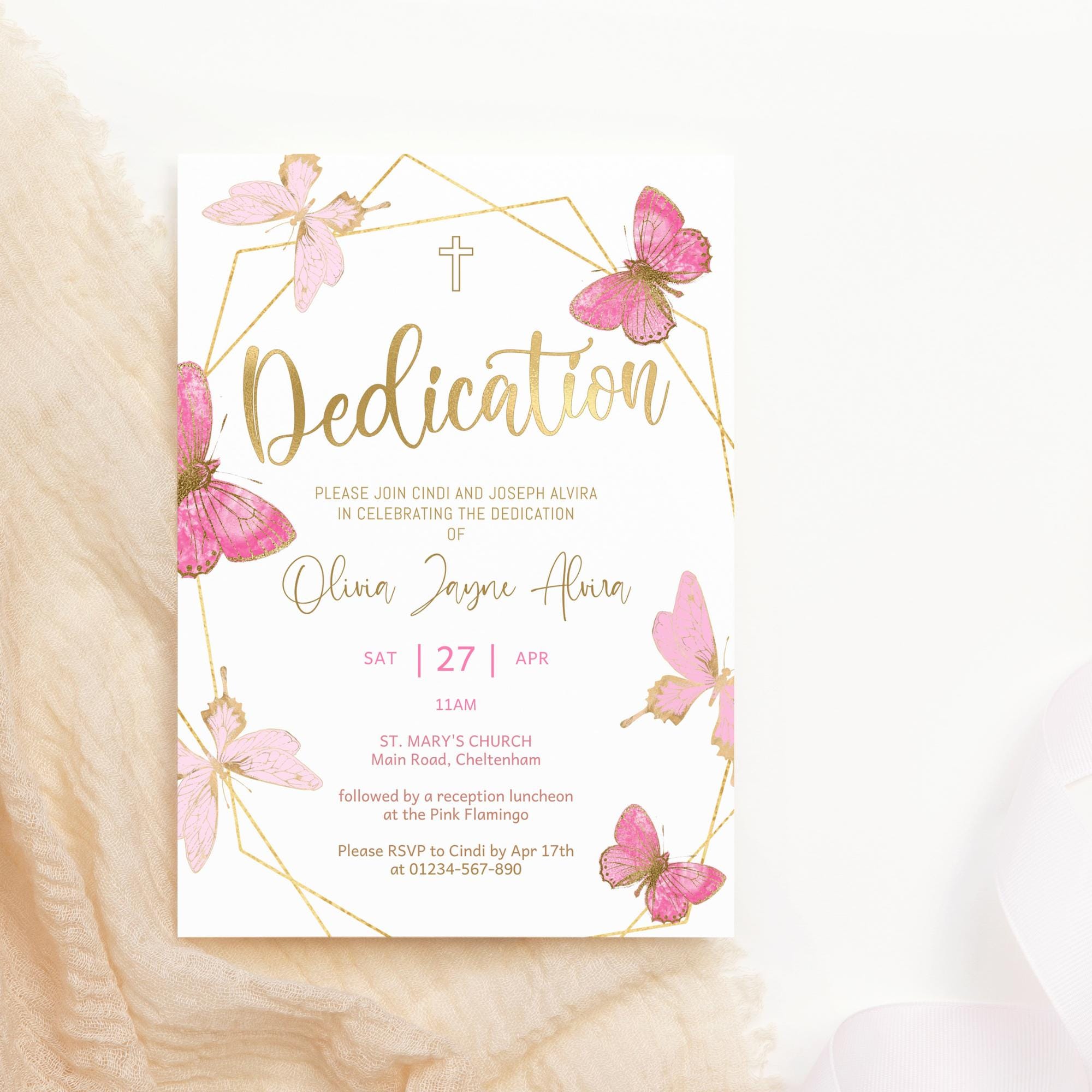 Baby Dedication Invitation Butterfly Template: Girls Pink Gold ...