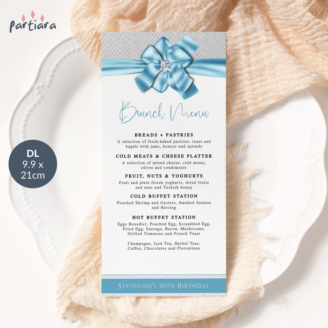 Blue Silver Menu Card Printable, Ladies Birthday Brunch Menus, Teen ...