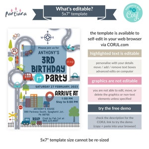 Editable Roadmap Birthday Invitation Trucks Cars Roadtrip Transport ...