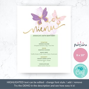 Editable Butterfly Menu Card Birthday Purple Pink Gold Tea - Etsy