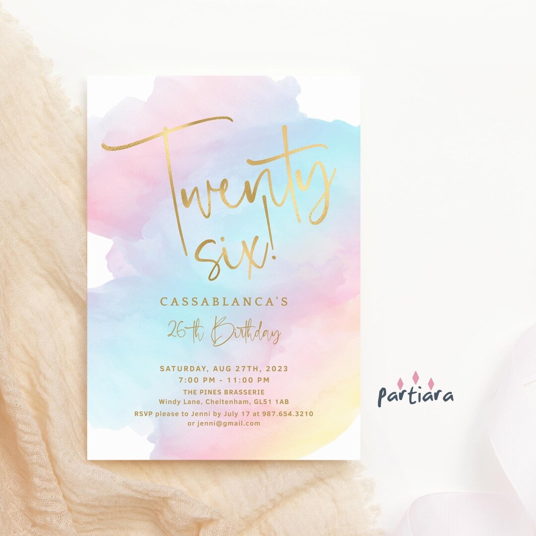Pastel 26th Birthday Invitation Printable, Ladies Rainbow Brunch Party ...
