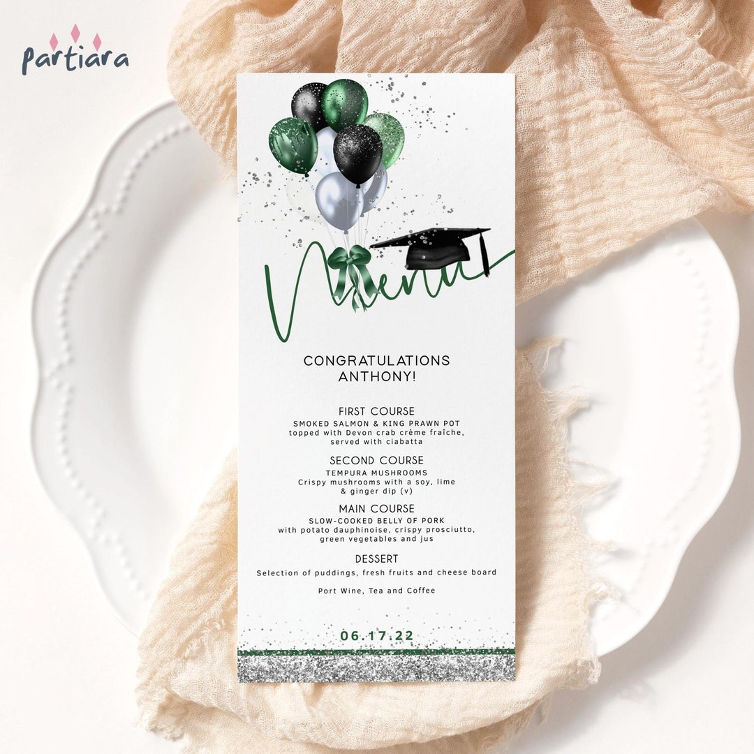 Black Green Graduation Menu Card Editable Template, Men or Ladies Grad ...