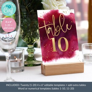 Red Table Numbers Wedding Reception Printable, Ruby and Gold Christmas ...