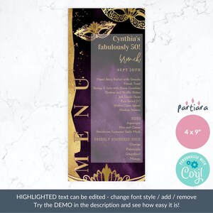 Masquerade Menu Template, Mardi Gras Menu Card, Birthday Dinner ...