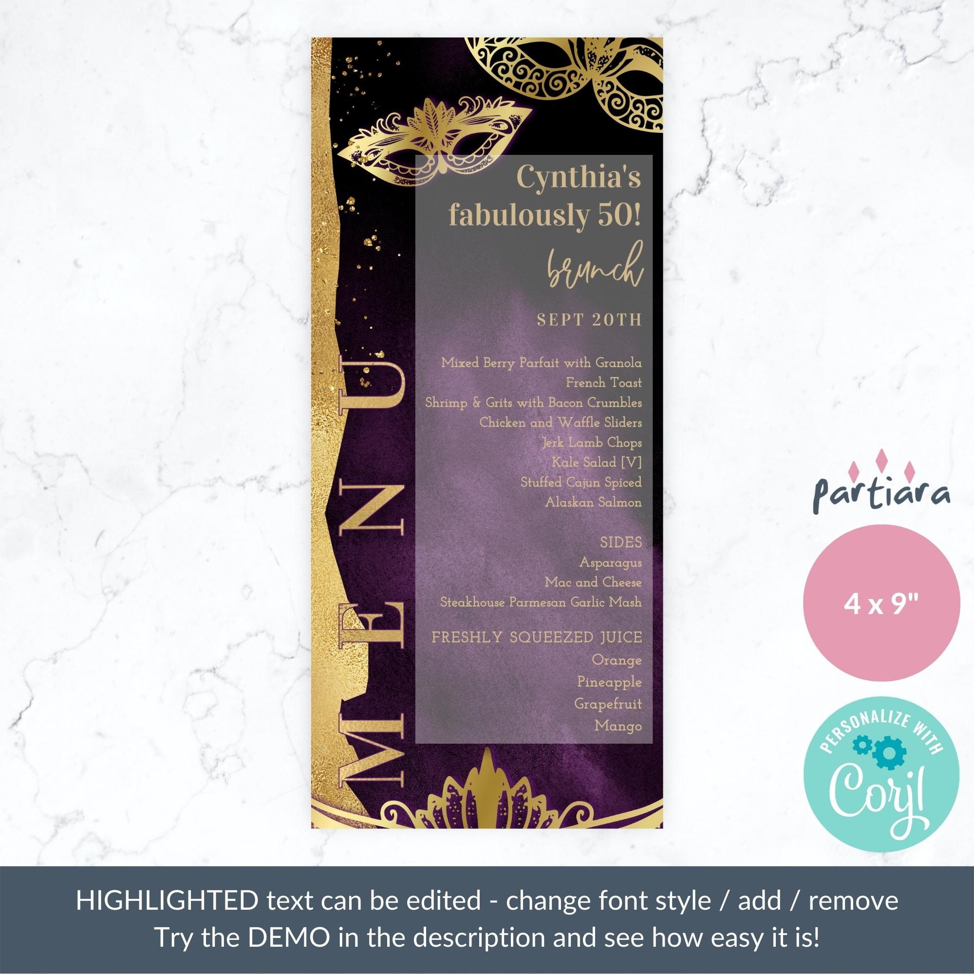 Purple Gold Masquerade Party Menu Printable Ladies Masked Ball - Etsy