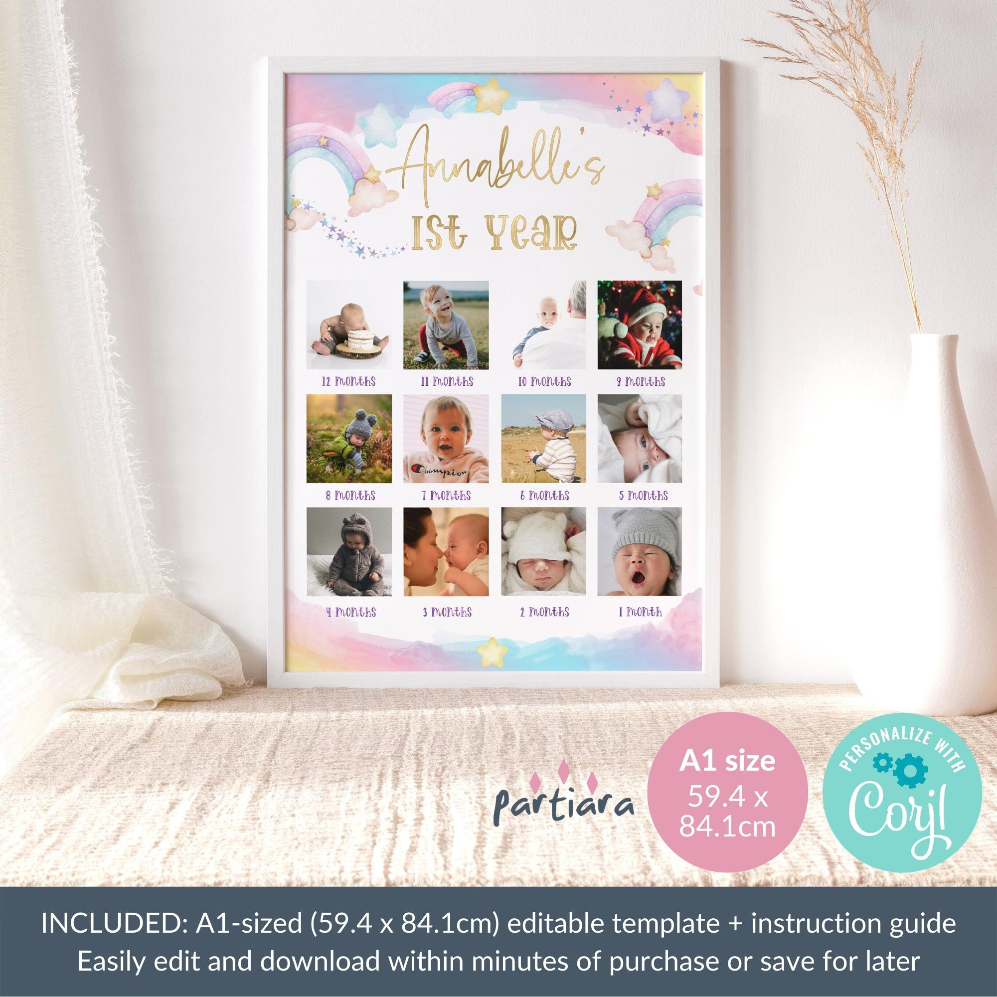 1st Birthday Photo Board Girl Pastel Rainbow My First Year Milestone in ...