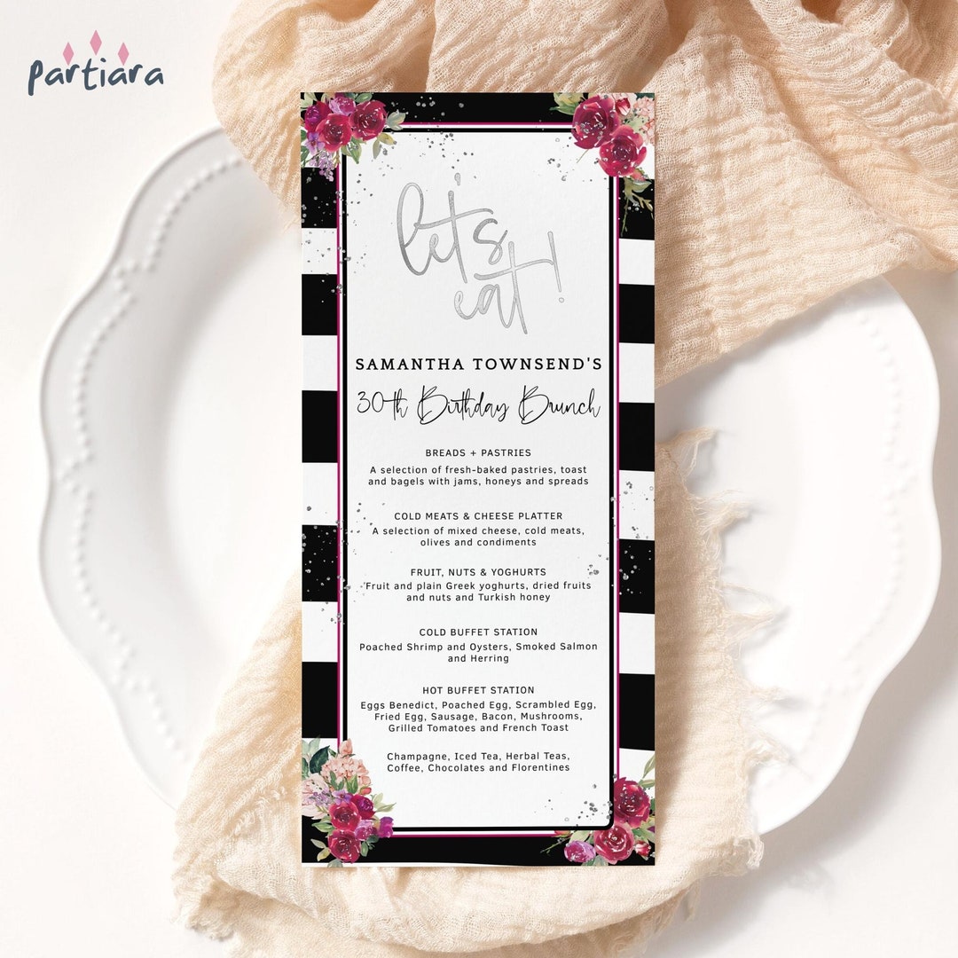 Editable Menu Card Birthday Table Menus Ladies Parisienne Black White ...