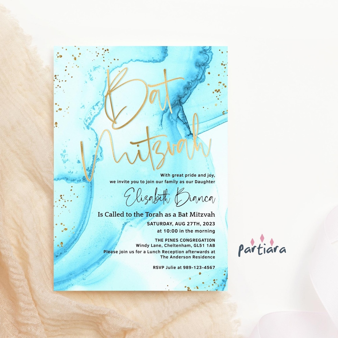 Blue Bat Mitzvah Invitation Printable, Elegant Summer Bat Mitzvah Party ...
