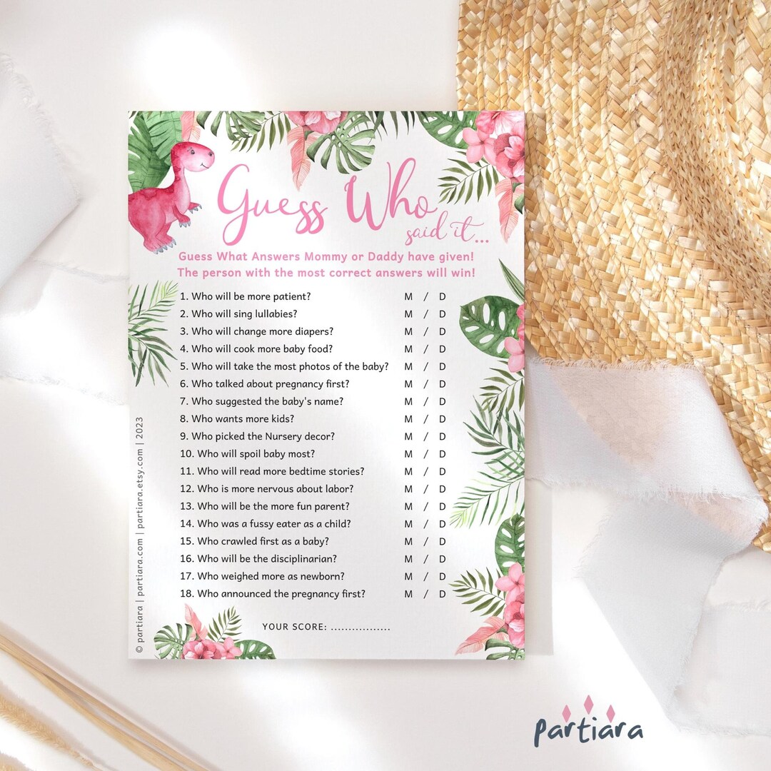 Dinosaur Guess Who Said It Game Girl Baby Shower Tropical Dinosaurs ...