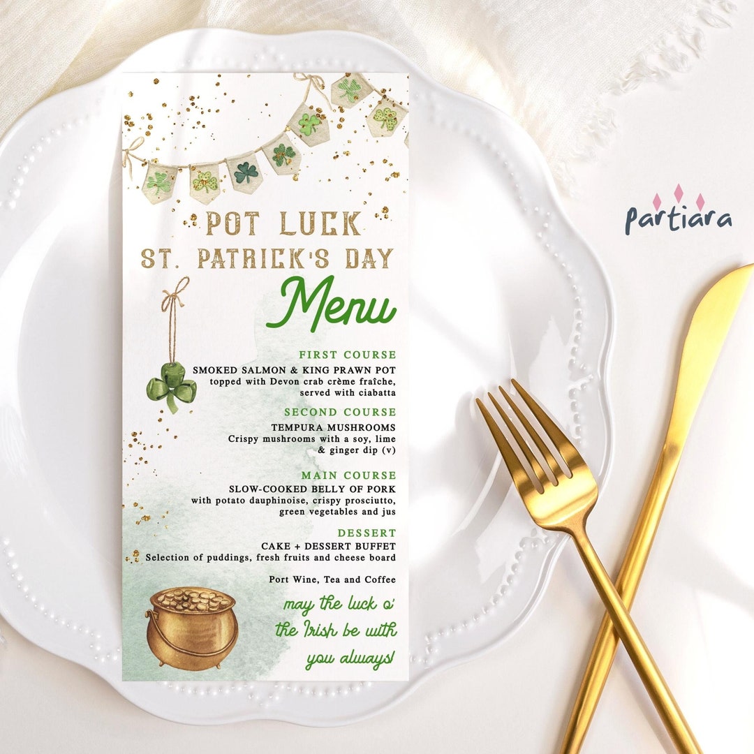 Irish Menus, Pot Luck Menu Card, St Patricks Day Party, Birthday Brunch ...