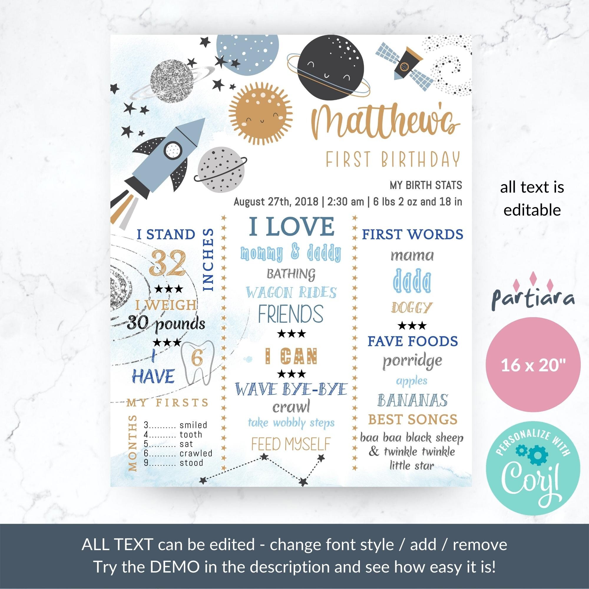 1st Birthday Space Party Milestone Sign Boy's Outer Space - Etsy