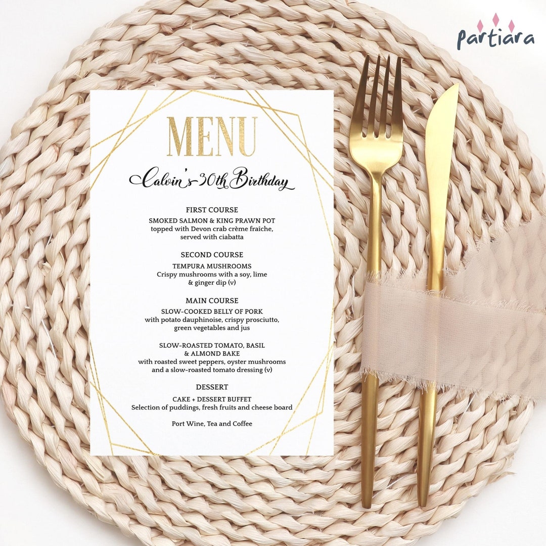 Menu du dîner, menus blanc et or, carte de menu d'anniversaire ...