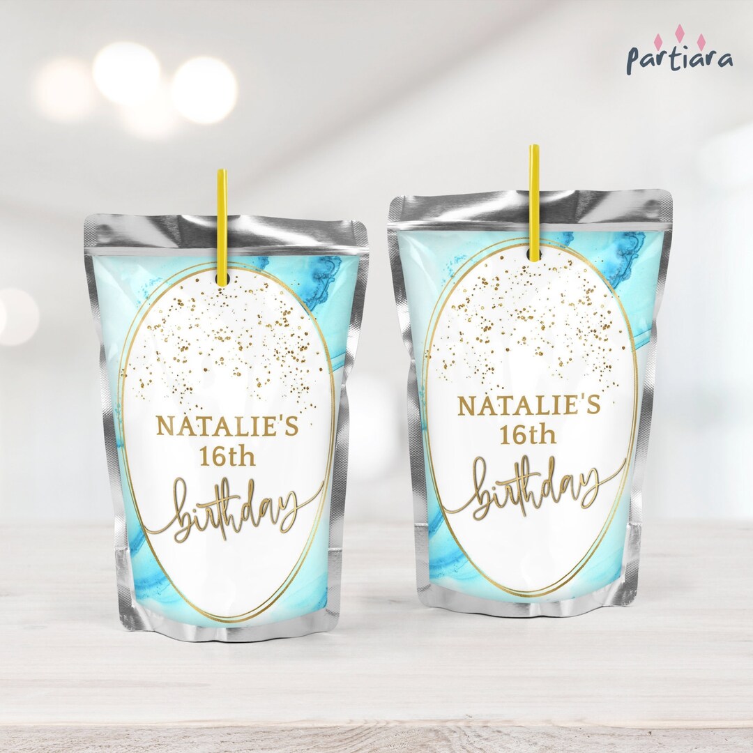 Blue Birthday Juice Label Template, Girls Sweet 16 Party Labels ...