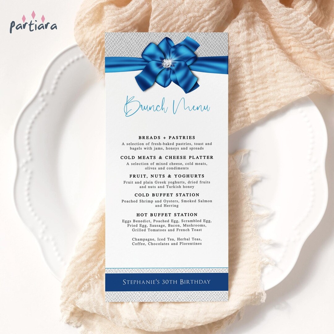 Royal Blue Menu Card Printable Birthday Brunch Party Menus Blues Silver ...