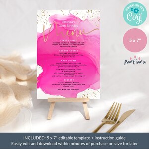 Hot Pink Gold Menu Card Printable Ladies Fuchsia Pink Dinner Party ...