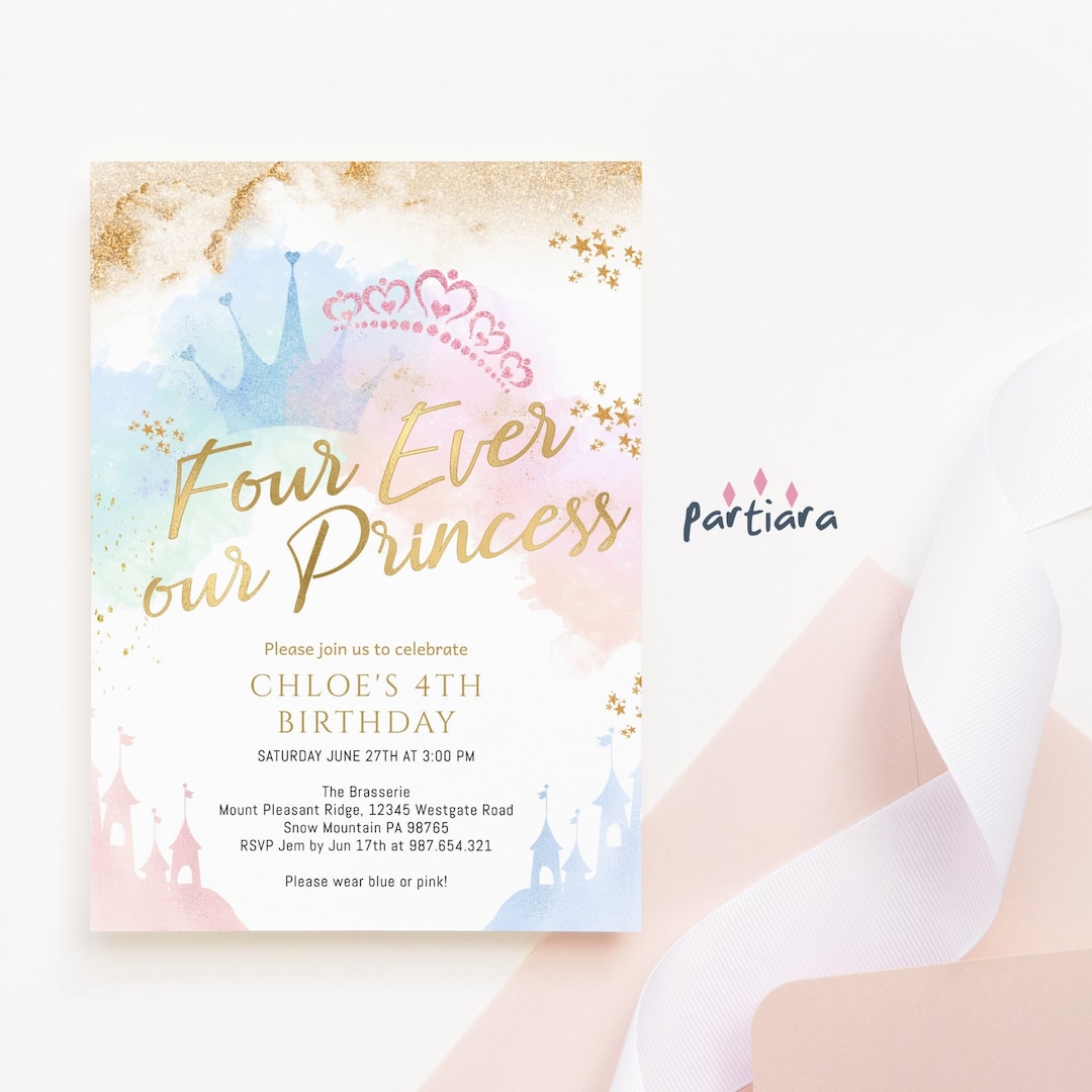 Four Ever Our Princess Invite, 4th Birthday Invitation, Girl Fairytale ...