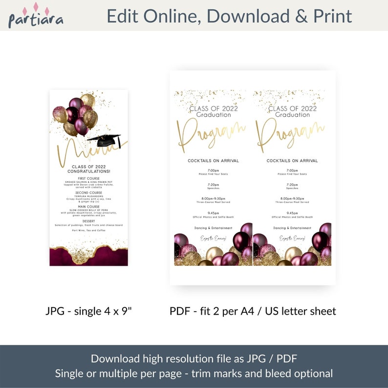 Burgundy Graduation Party Menu Programs Printable Editable - Etsy