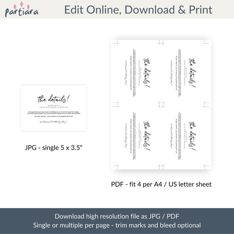 Birthday Invitation Details Insert Card Printable Men or - Etsy