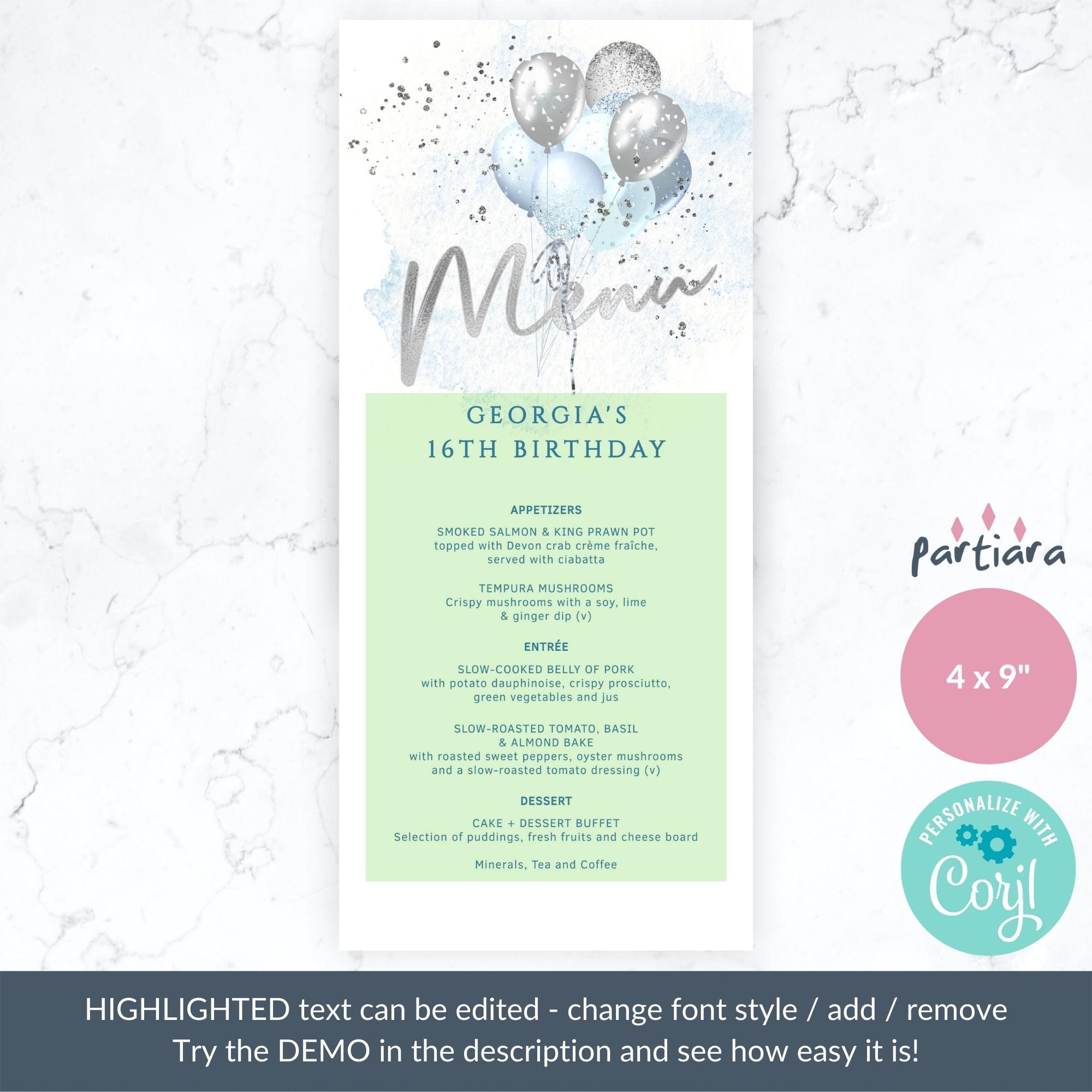 Birthday Balloons Menu Blue Silver Party Menus Teens Boys Mens - Etsy
