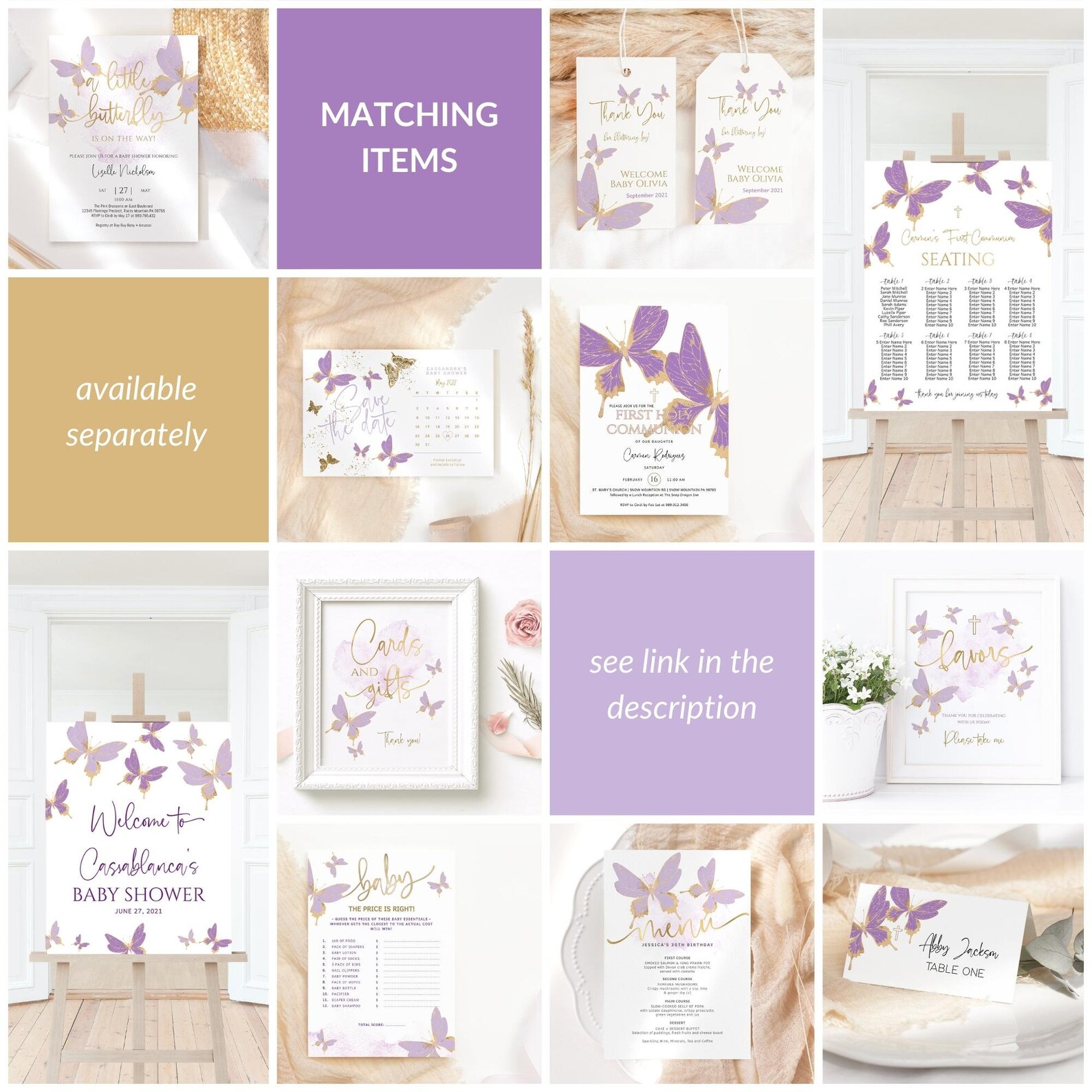 Butterfly Menu Template, Purple Baby Shower Butterflies Menu Card ...