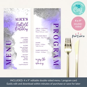 Purple Birthday Program Menu Card Template Printable, Ladies Lilac ...