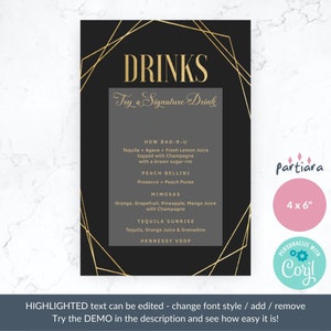 Black Gold Signature Drinks Menu Birthday Cocktails Bar Menus Printable ...