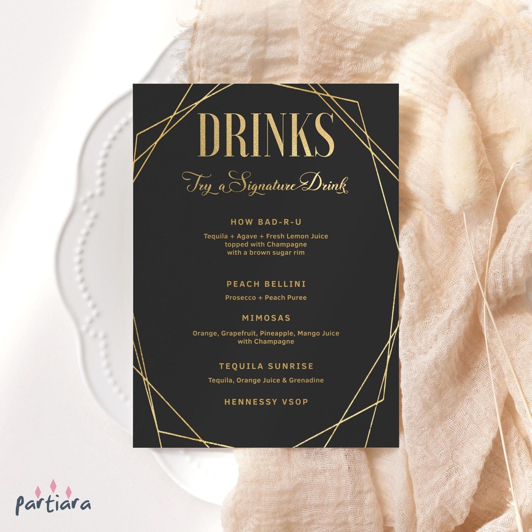 Birthday Drinks Menu Template, Mens Dinner Party Table Menus Printable ...