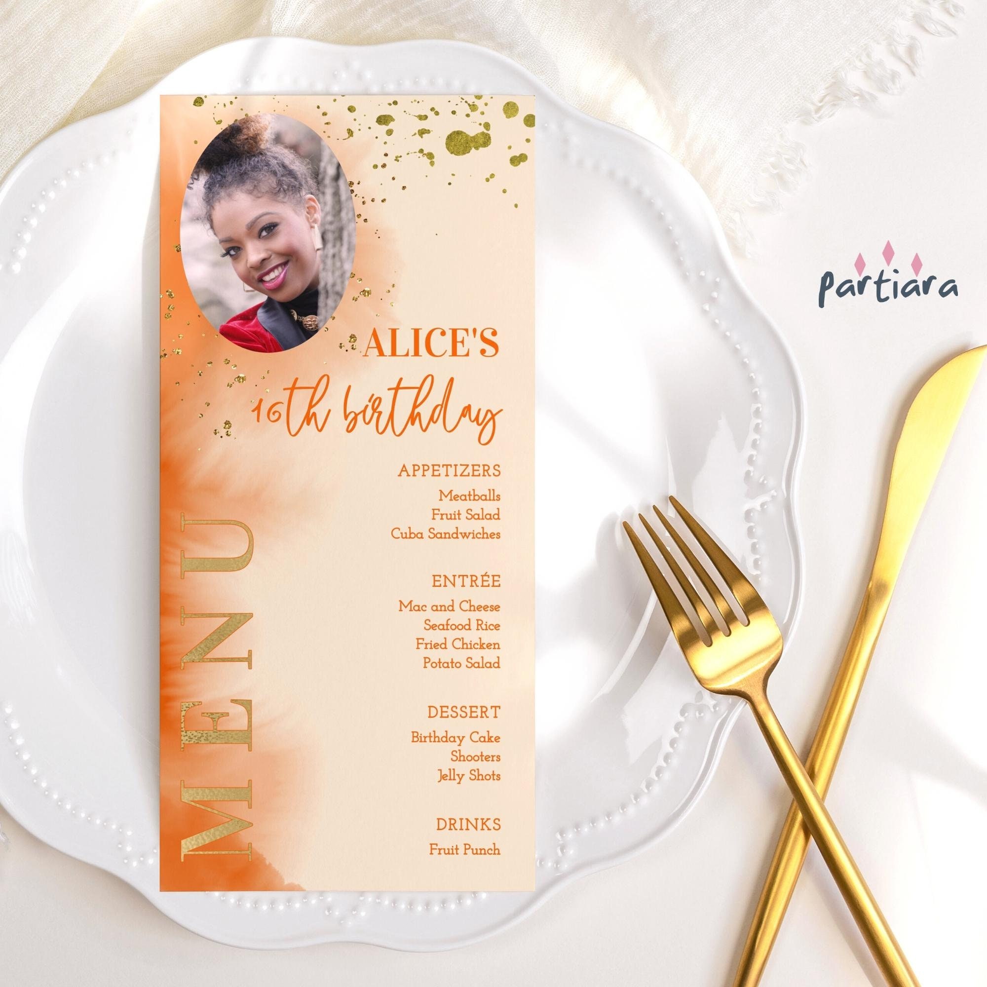 Orange Gold Menu Card Printable Ladies or Teen Girl Brunch - Etsy
